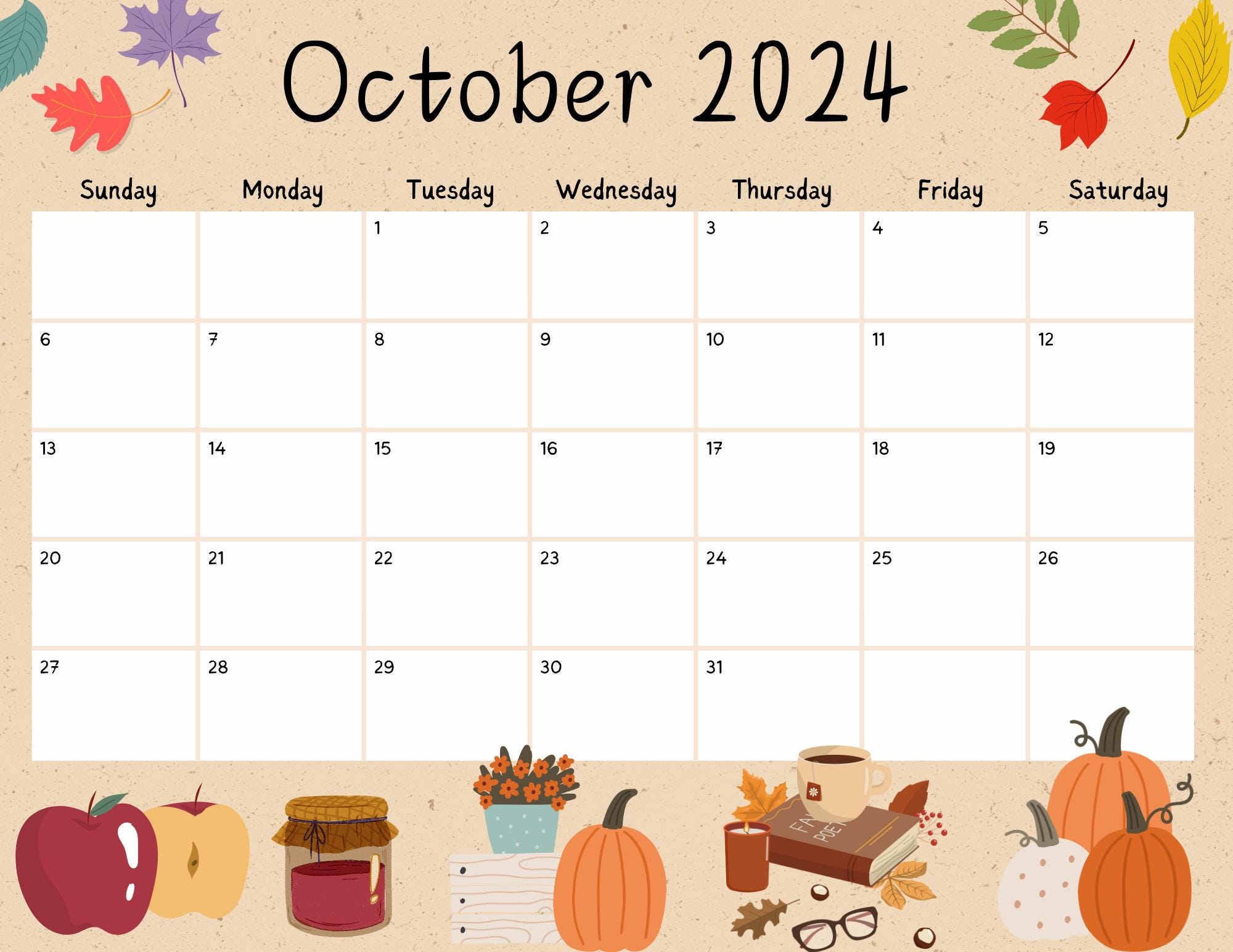 Editable October 2024 Calendar, Fall Autumn 2024 Digital Download ...