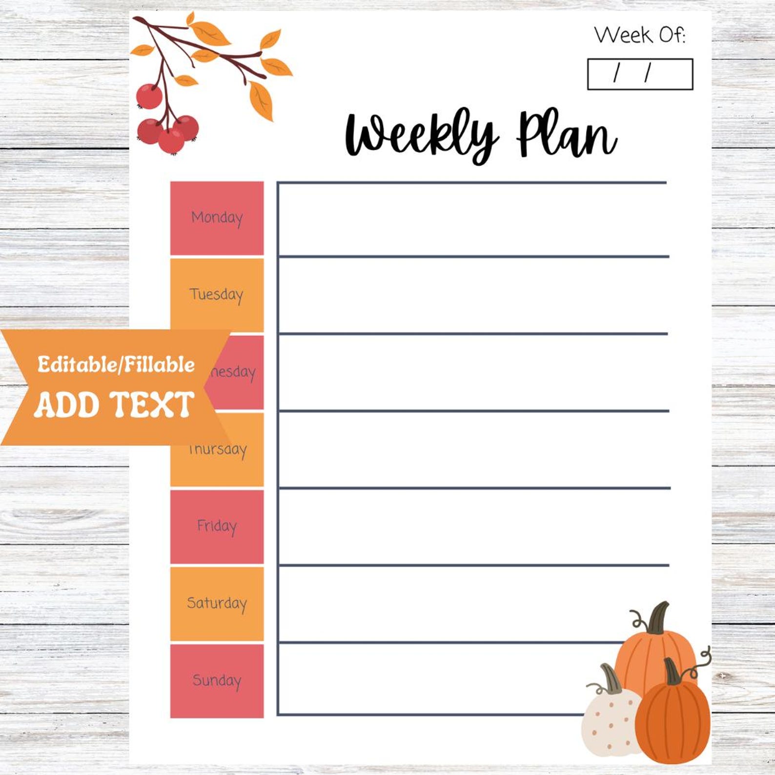 Weekly Planner Editable, Fall Printable Calendar, Instant Download PDF ...