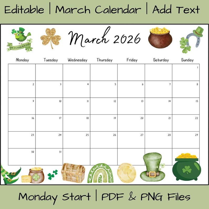 March 2026 Calendar, St Patricks Day Theme (editable PDF) - Etsy