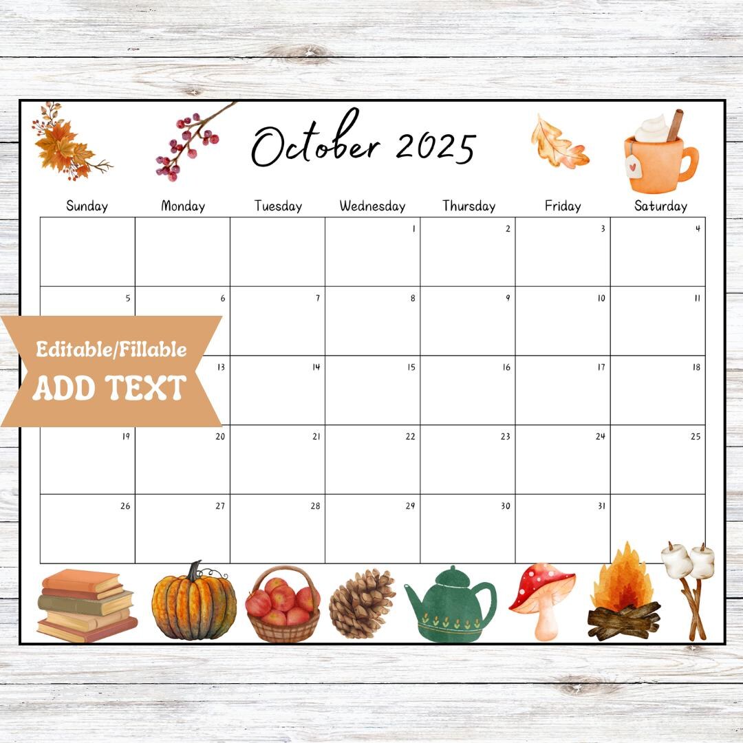 Editable October 2025 Calendar, Printable Fillable Digital Download ...