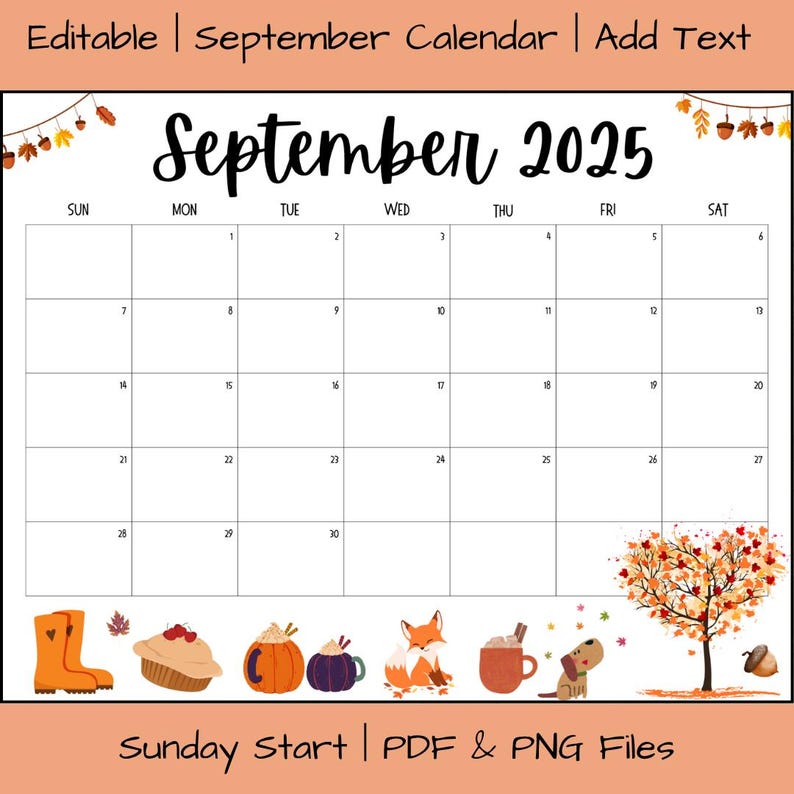 Editable September 2025 Calendar, Fillable Printable Digital Download ...