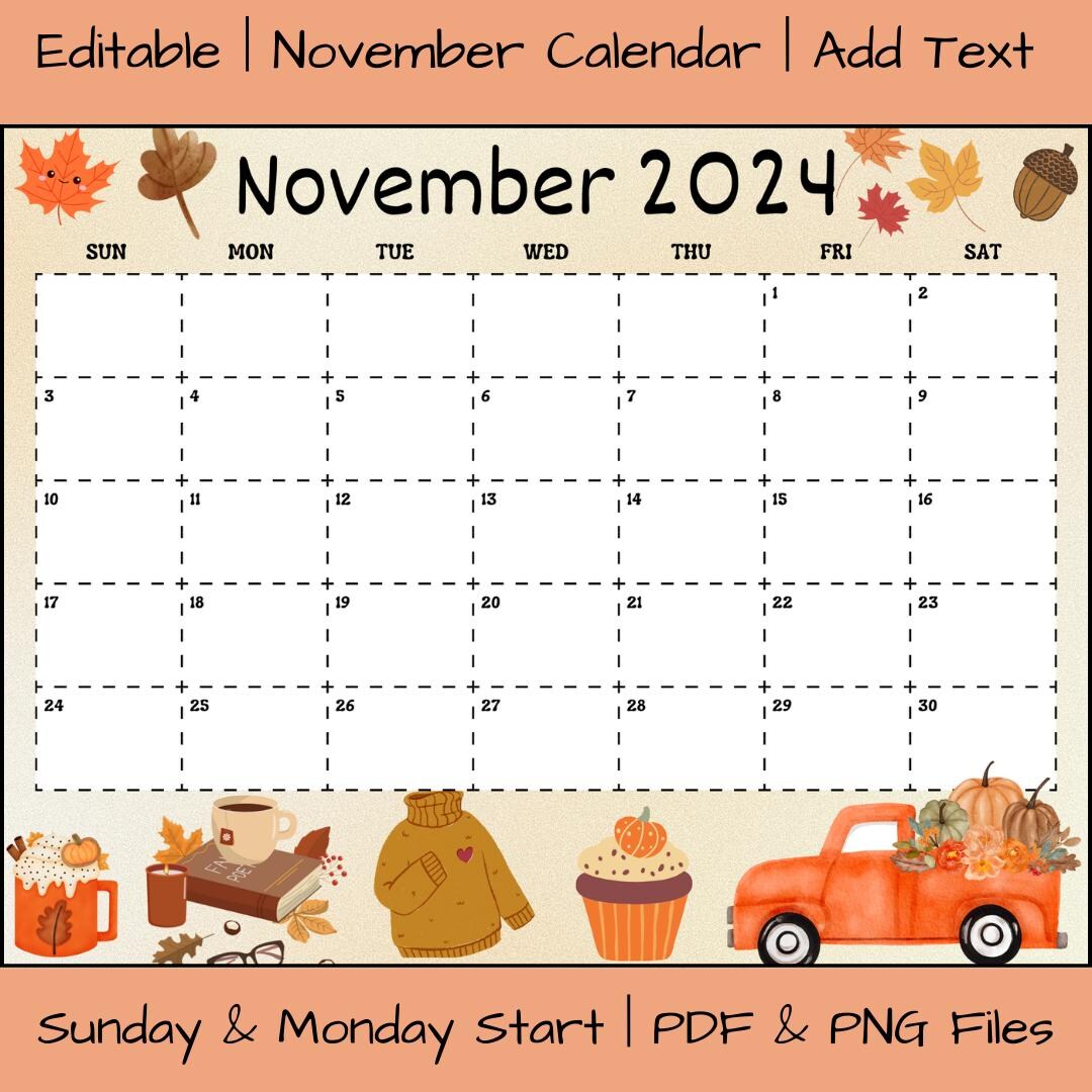 Editable November 2024 Calendar, Printable Wall Calendar, Digital ...