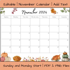 Editable November 2024 Calendar, Fillable Printable Digital Download ...