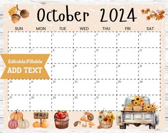 Editable October 2024 Calendar, Fall Autumn 2024 Digital Download ...