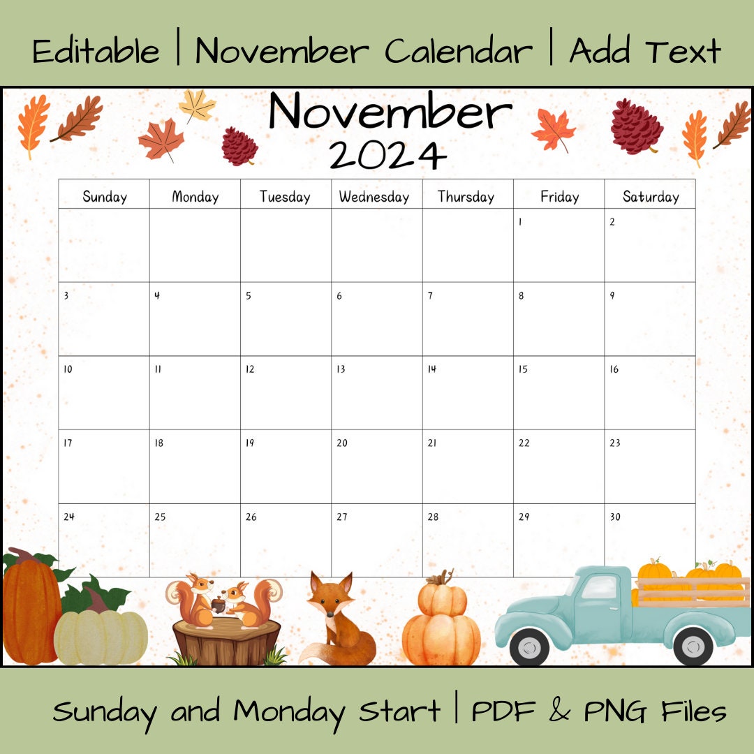 Editable November 2024 Calendar, Fillable Printable Digital Download ...