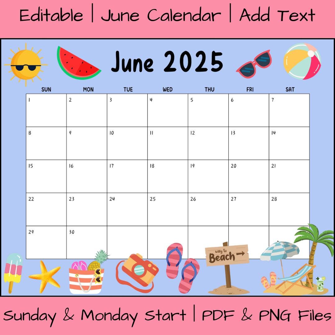 Editable June 2025 Calendar, Fillable Printable Wall Digital Download ...