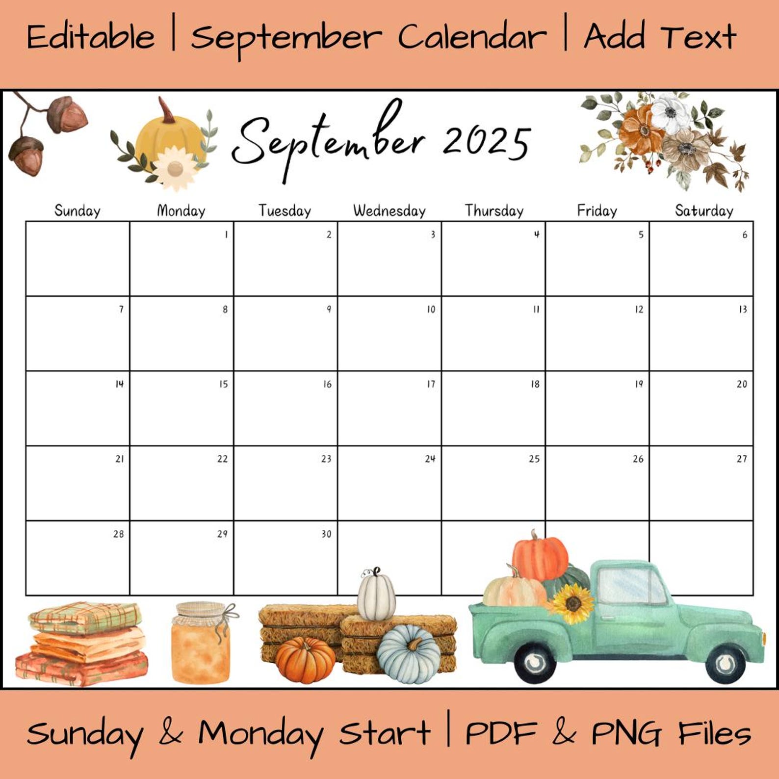 Editable September 2025 Calendar, Printable Fillable Digital Download ...