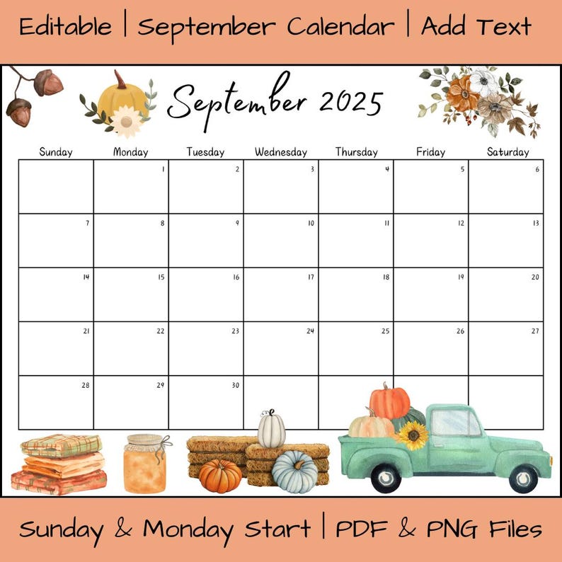Editable September 2025 Calendar, Printable Fillable Digital Download ...