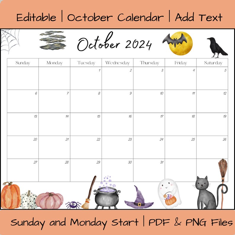 Editable October 2024 Calendar, Printable Fillable Digital Download ...