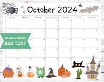Editable October 2024 Calendar, Halloween Spooky 2024 Digital Download ...