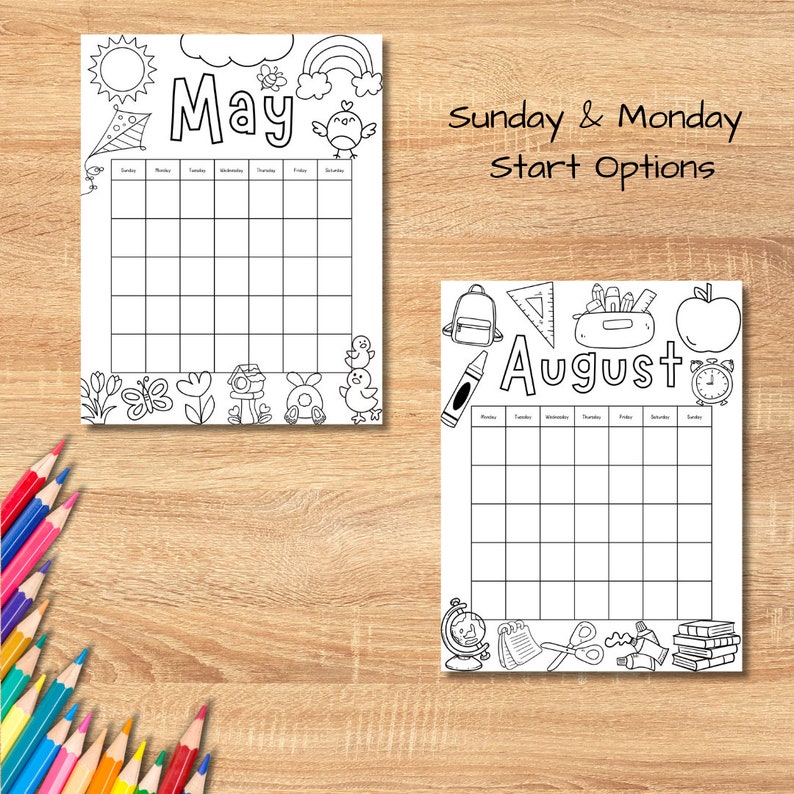Printable Kids Coloring Calendar, Undated 12 Monthly Calendar ...