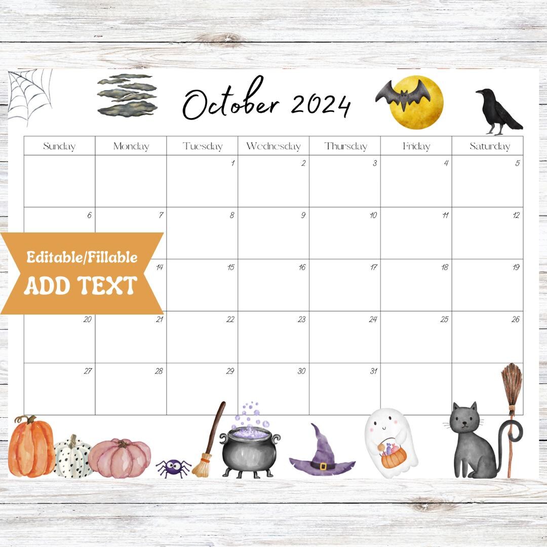 Editable October 2024 Calendar, Printable Fillable Digital Download ...