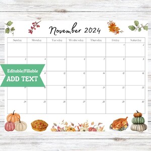 Editable November 2024 Calendar, Fillable Printable Digital Download ...