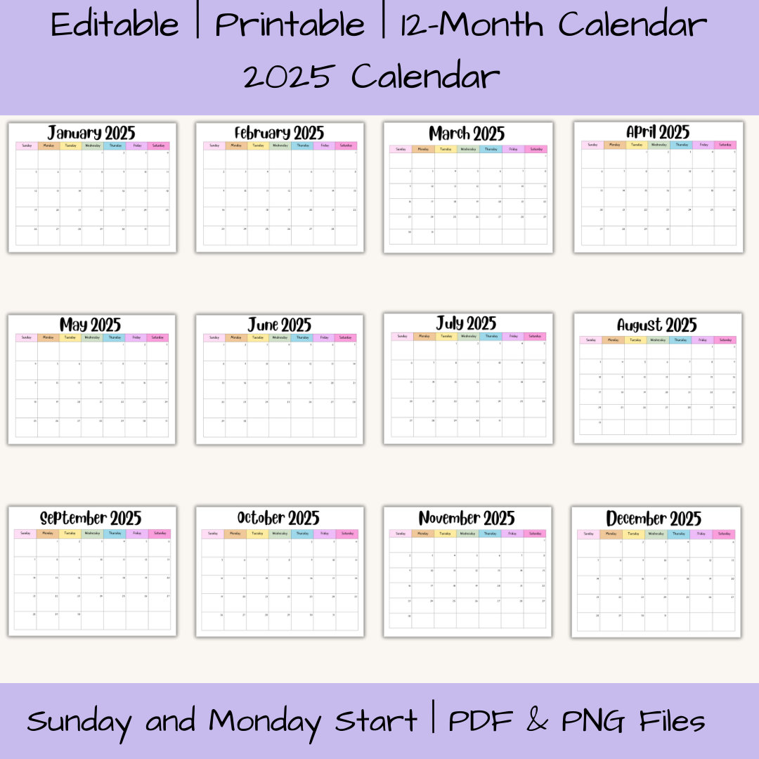 Editable 2025 Calendar Printable, January 2025 - December 2025 Year 12 ...