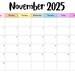Editable November 2025 Calendar, Printable Wall Calendar, Digital ...