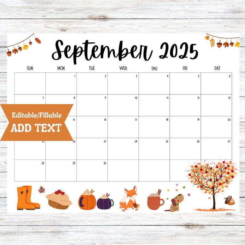 Editable September 2025 Calendar, Fillable Printable Digital Download ...