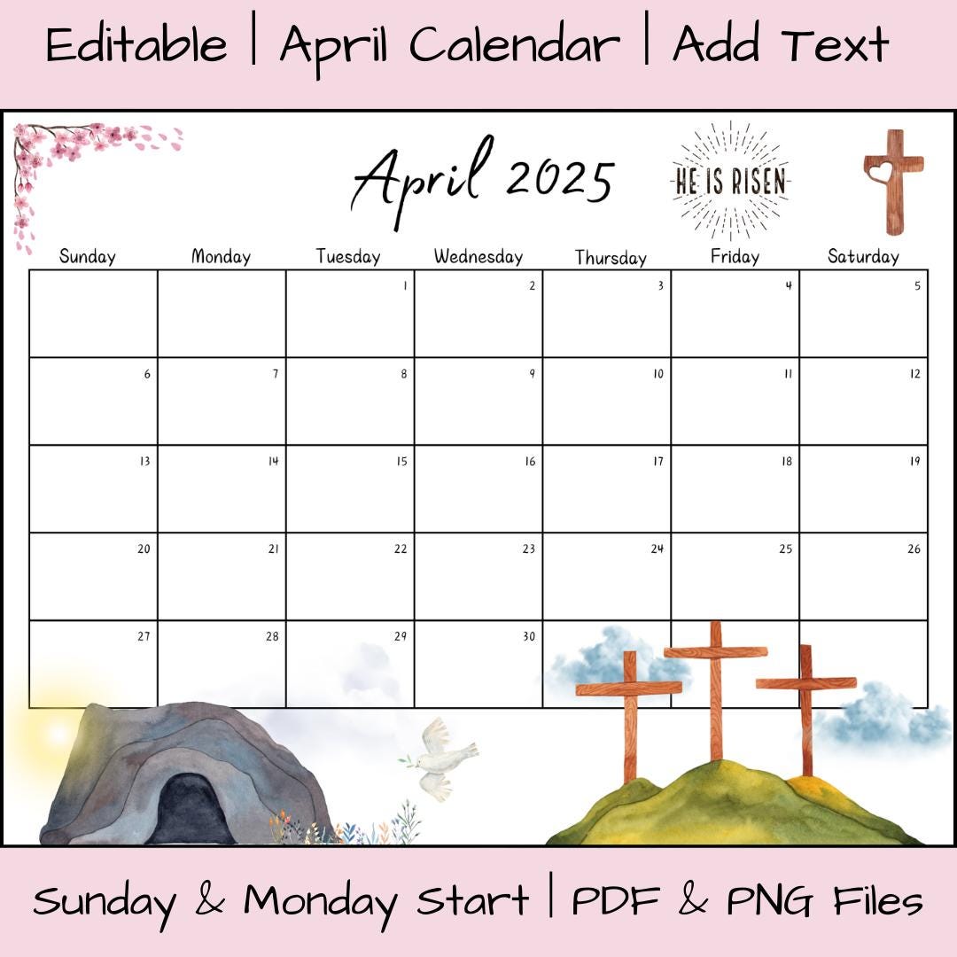EDITABLE April 2025 Calendar, Easter Calendar, Activity Planner ...
