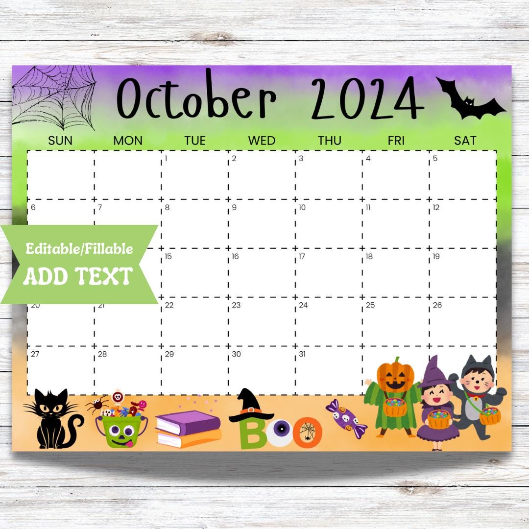 Editable October 2024 Calendar, Fall Autumn Digital Download, Printable ...