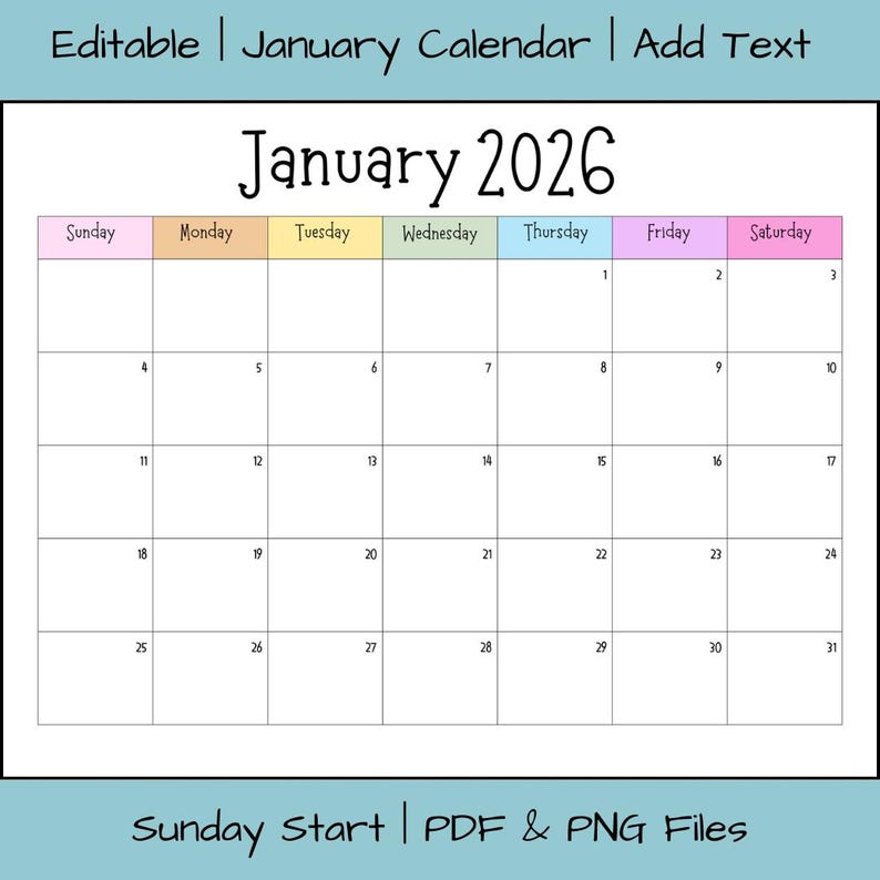 Editable January 2026 Calendar PDF Template, Winter 2026 Digital ...