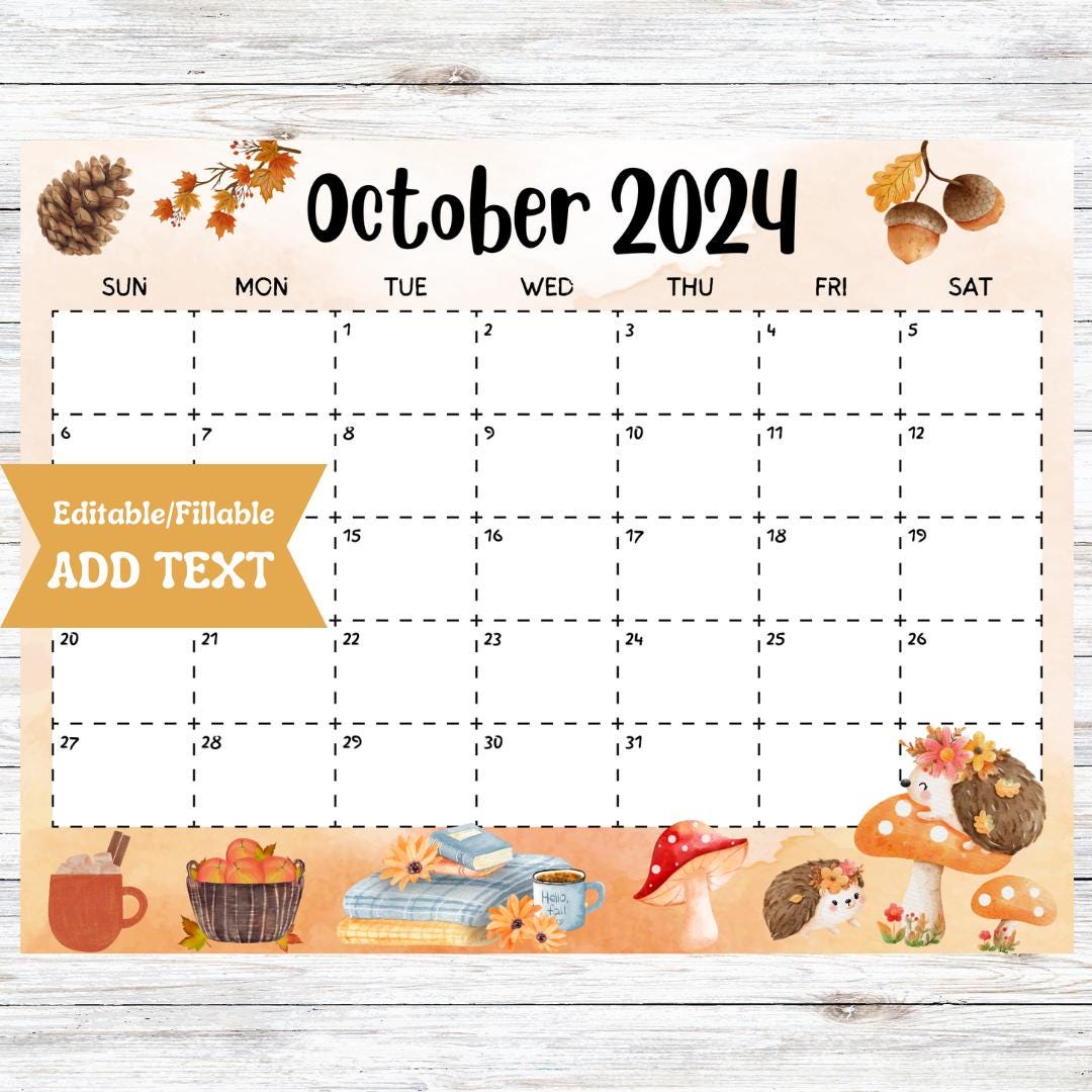Editable October 2024 Calendar, Fall Autumn 2024 Digital Download ...
