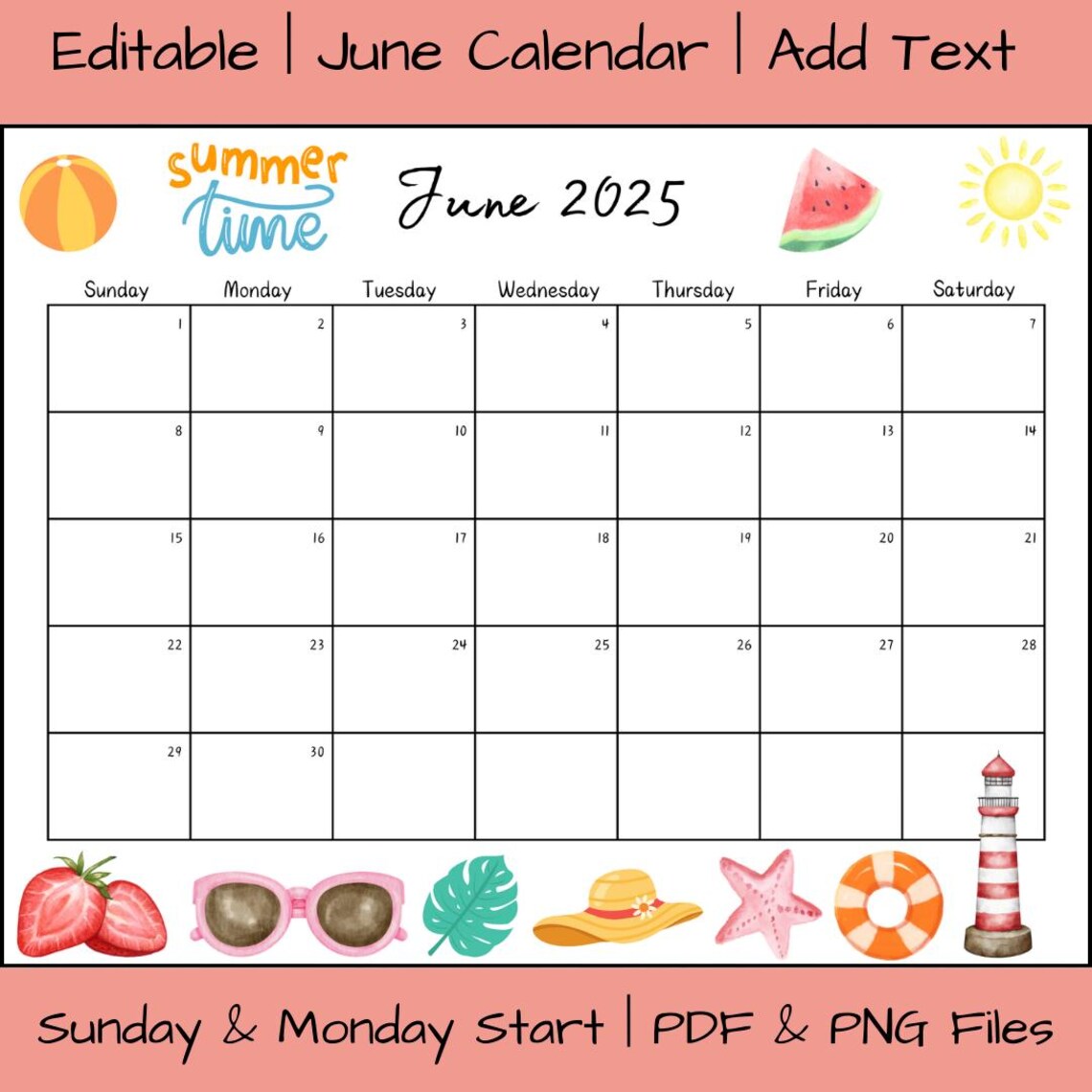 Editable June 2025 Calendar, Fillable Printable Wall Digital Download ...