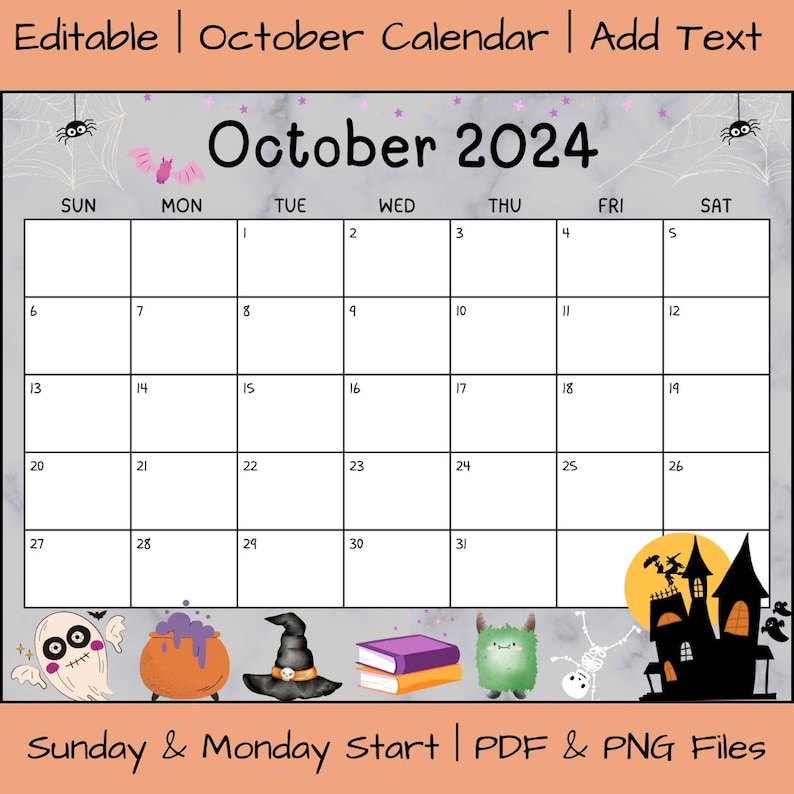 Editable October 2024 Calendar, Spooky Halloween Digital Download ...