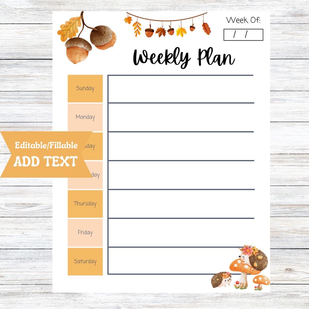 Weekly Planner Editable, Fall Printable Calendar, Instant Download PDF ...