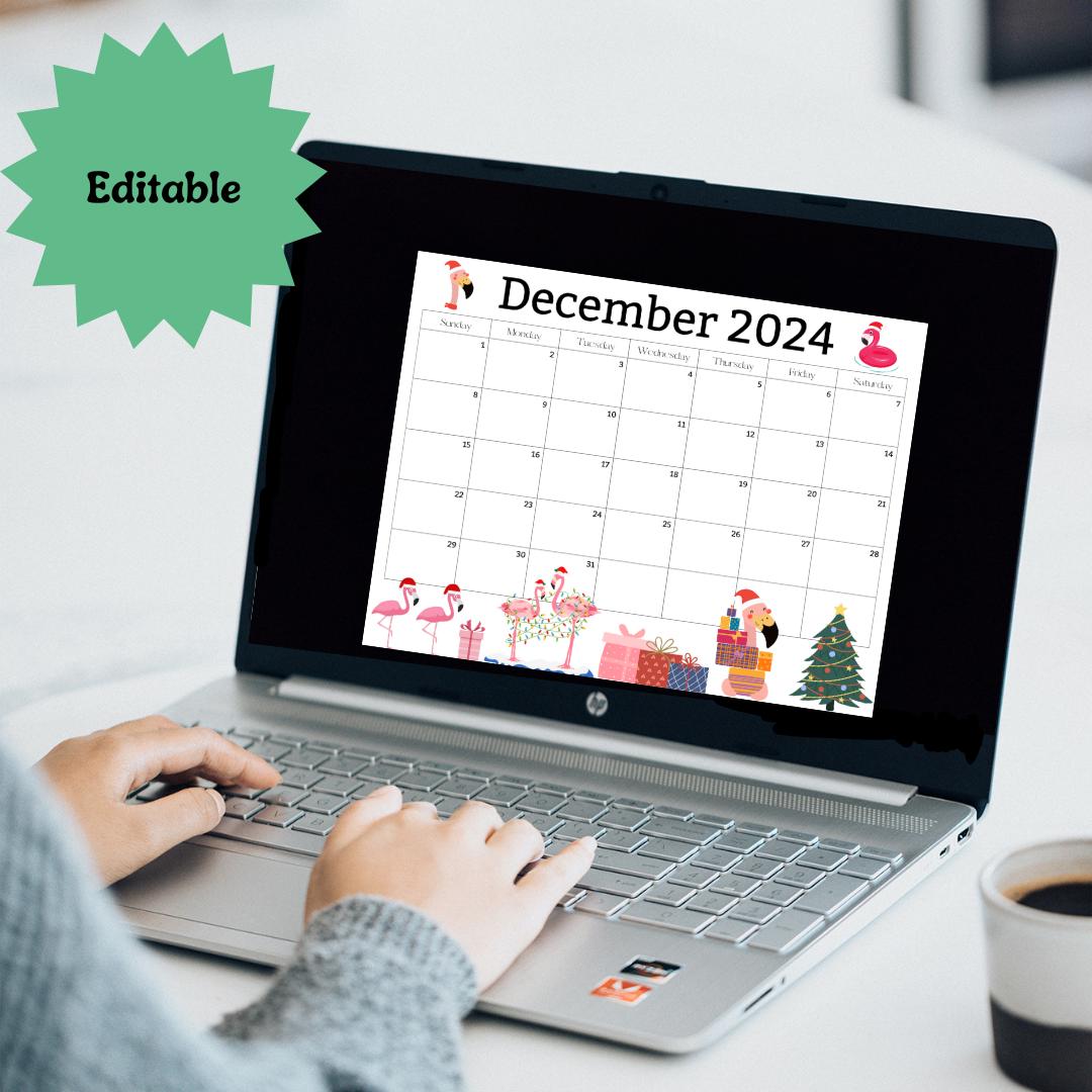 Editable December 2024 Calendar, Activity Planner, Christmas Flamingos ...