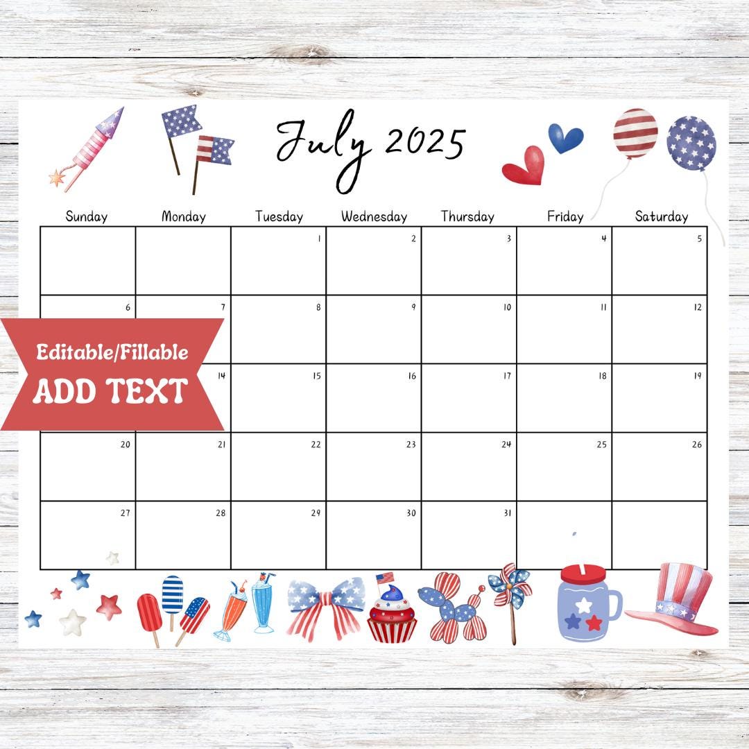 Editable July 2025 Calendar, Fillable Printable Planner Digital ...