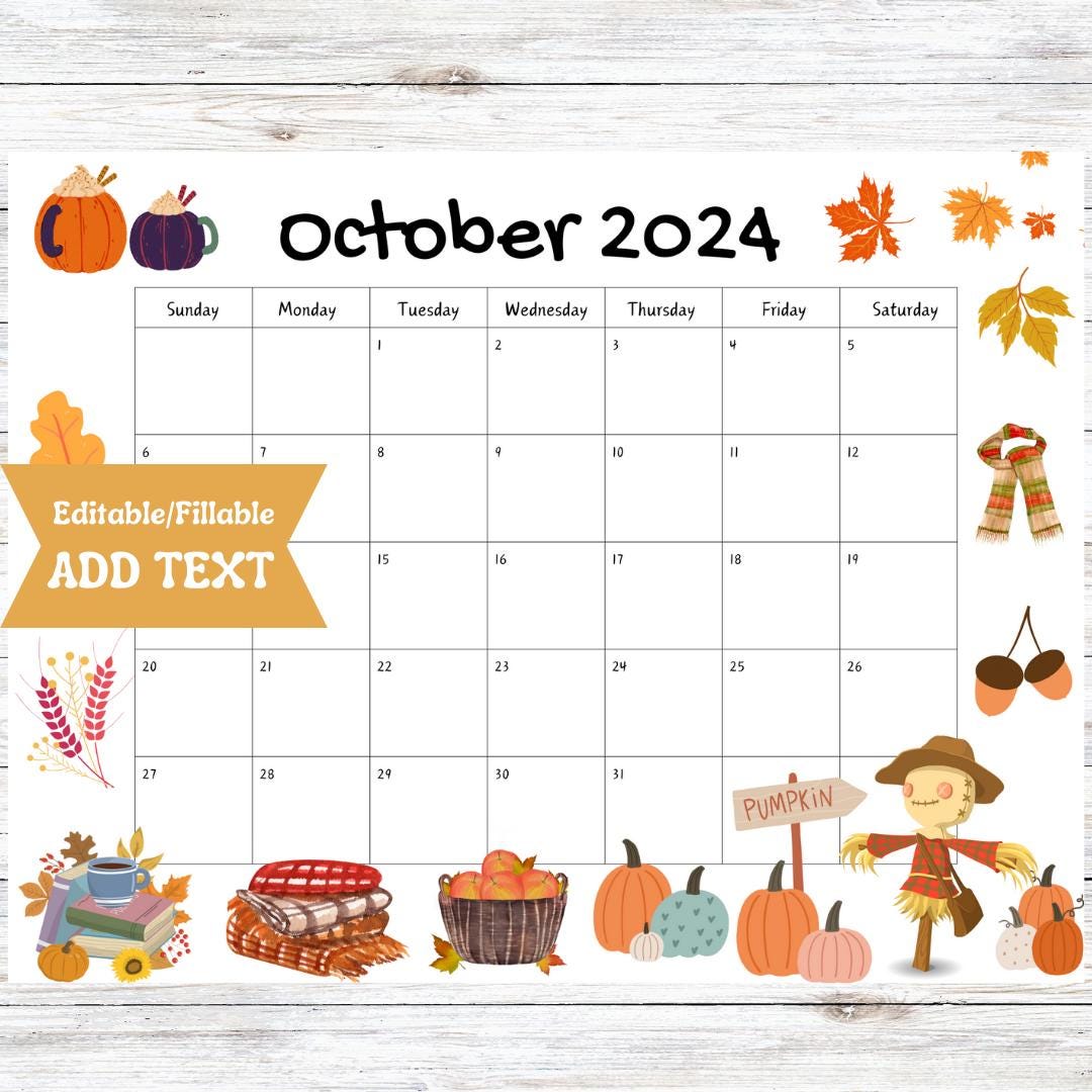 Editable October 2024 Calendar, Fillable Printable Halloween Template ...