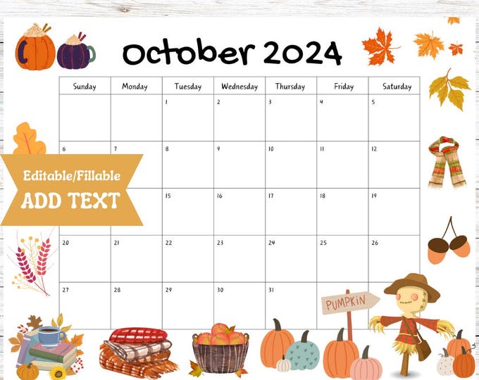 Editable October 2024 Calendar, Fall Autumn 2024 Digital Download ...