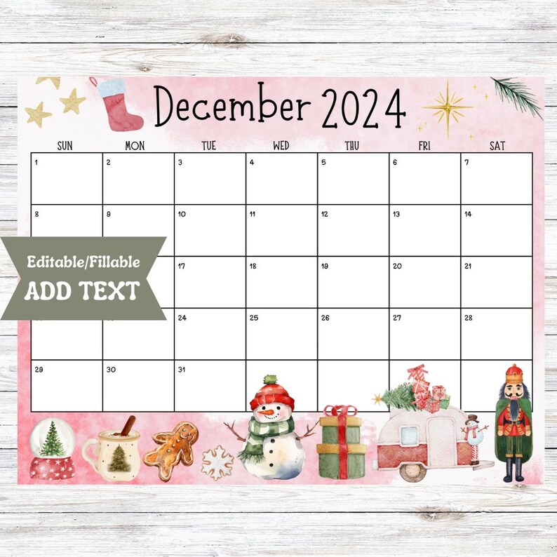 Editable December 2024 Calendar, Christmas Countdown, Fillable ...