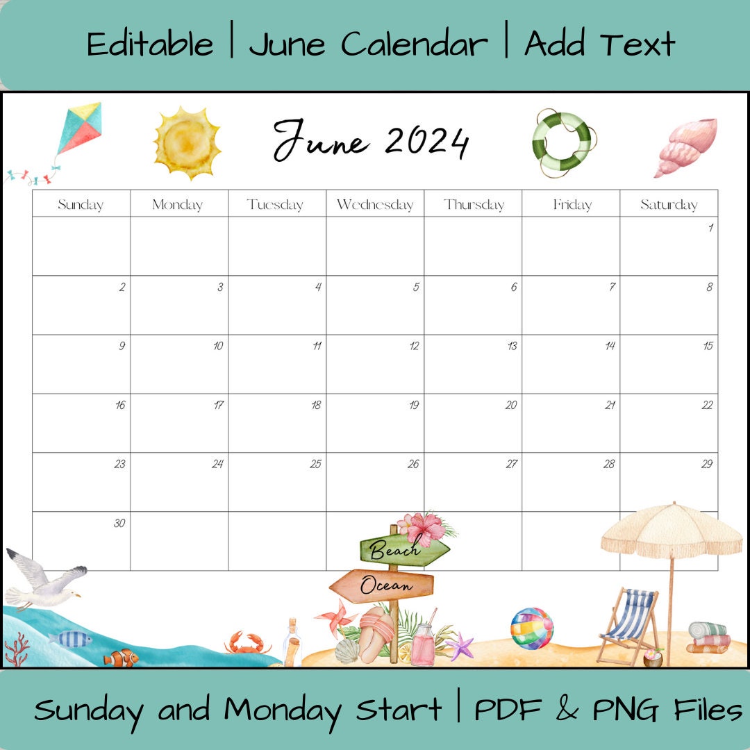 Editable June 2024 Calendar, Printable Wall Calendar, Digital Download ...