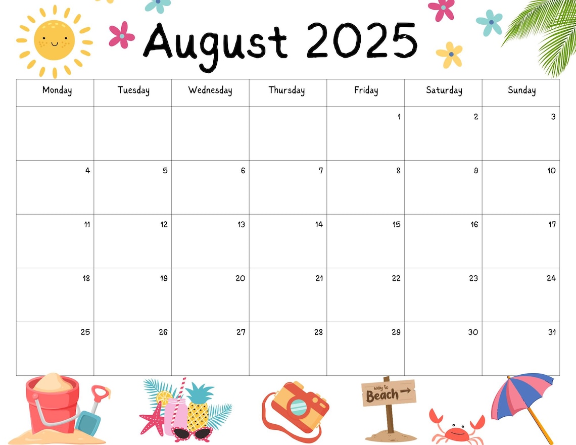 Editable August 2025 Calendar, Printable Fillable Digital Download ...
