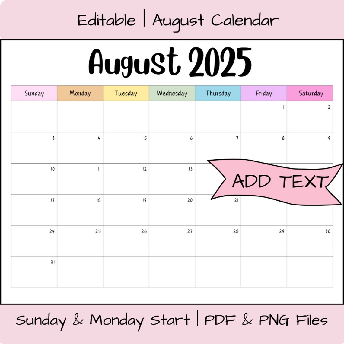 Editable August 2025 Calendar Printable Activity Planner, Rainbow ...