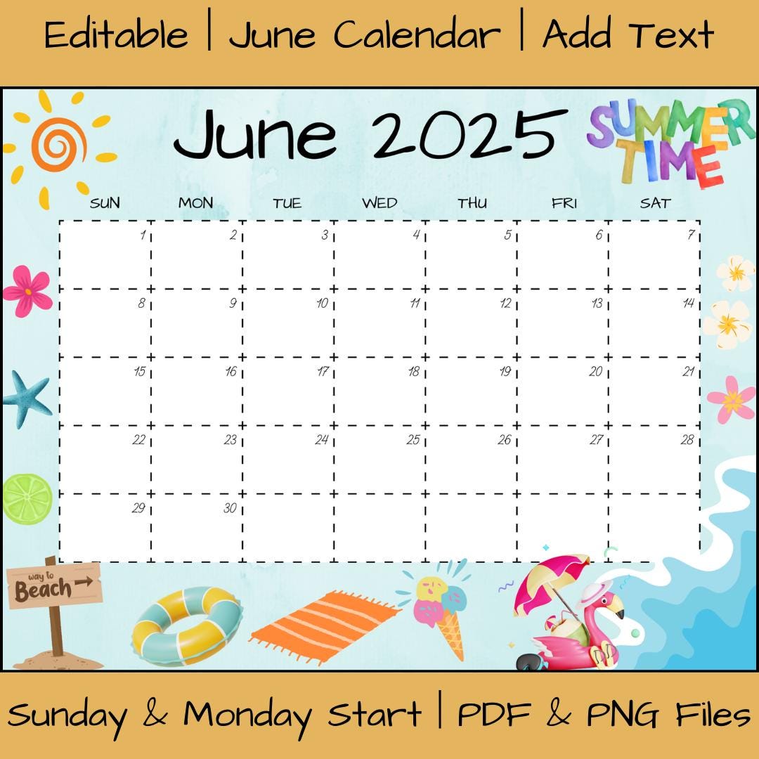 Editable June 2025 Calendar, Fillable Printable Wall Digital Download ...