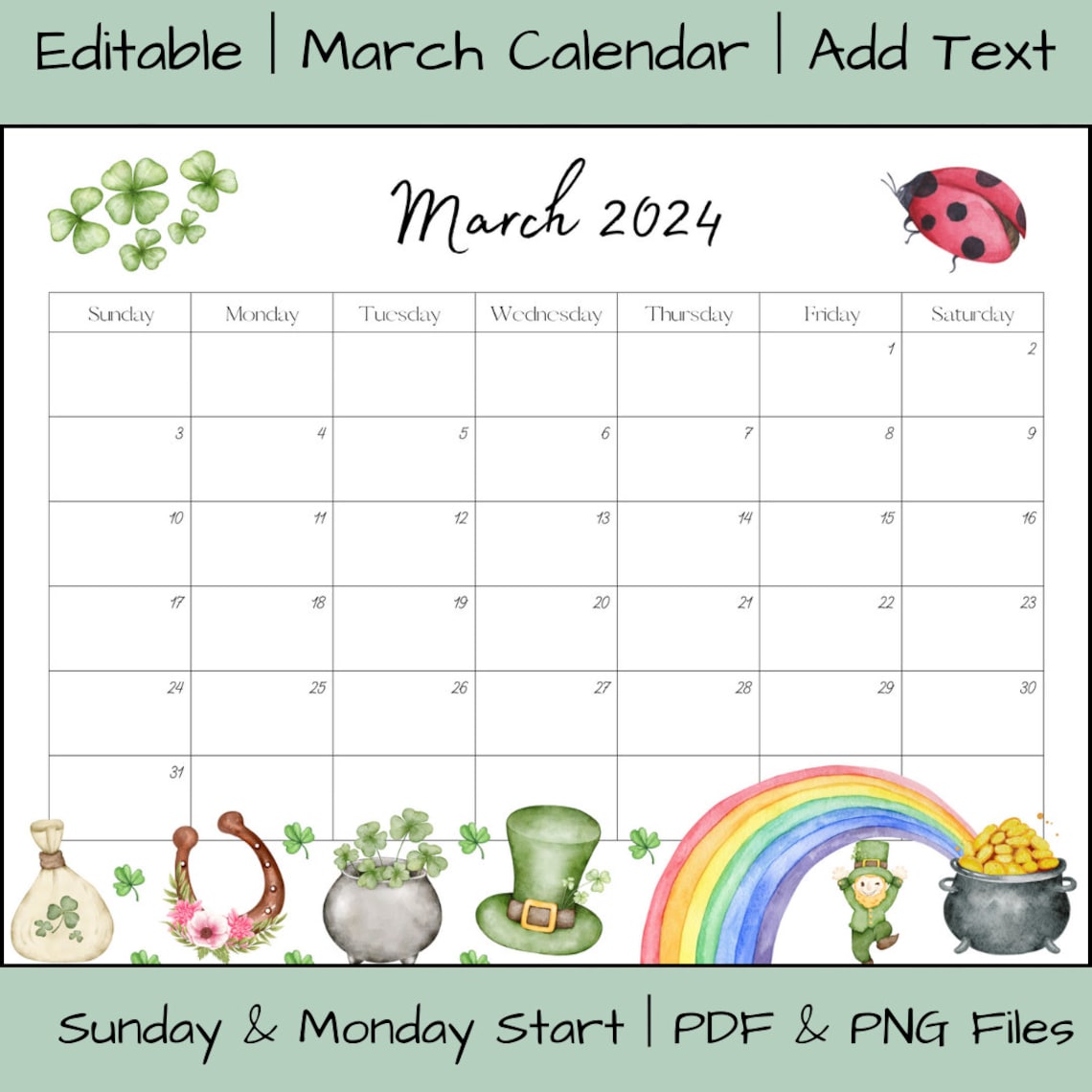 Editable March 2024 Calendar Printable, Activity Planner, Classroom ...