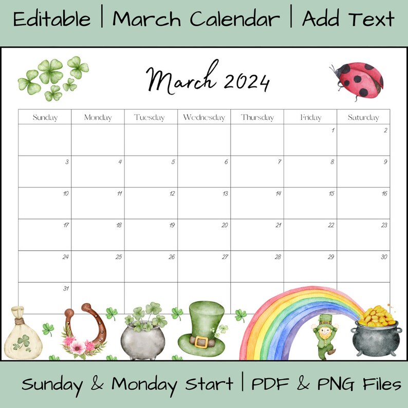 Editable March 2024 Calendar Printable, Activity Planner, Classroom ...