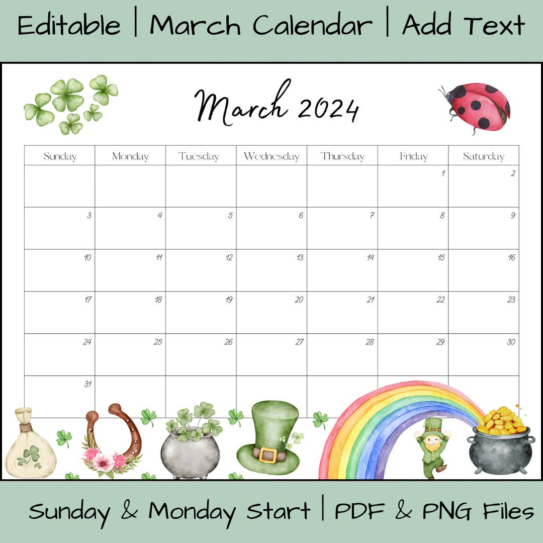 Editable March 2024 Calendar Printable, Activity Planner, Classroom ...