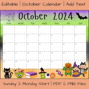 Editable October 2024 Calendar, Fall Autumn 2024 Digital Download ...