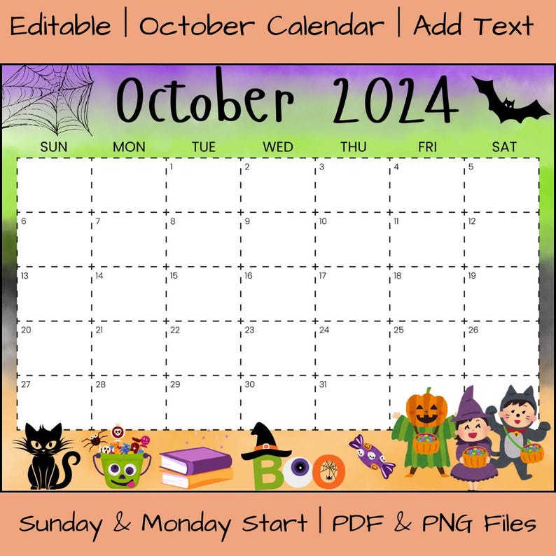 Editable October 2024 Calendar, Fall Autumn Digital Download, Printable ...