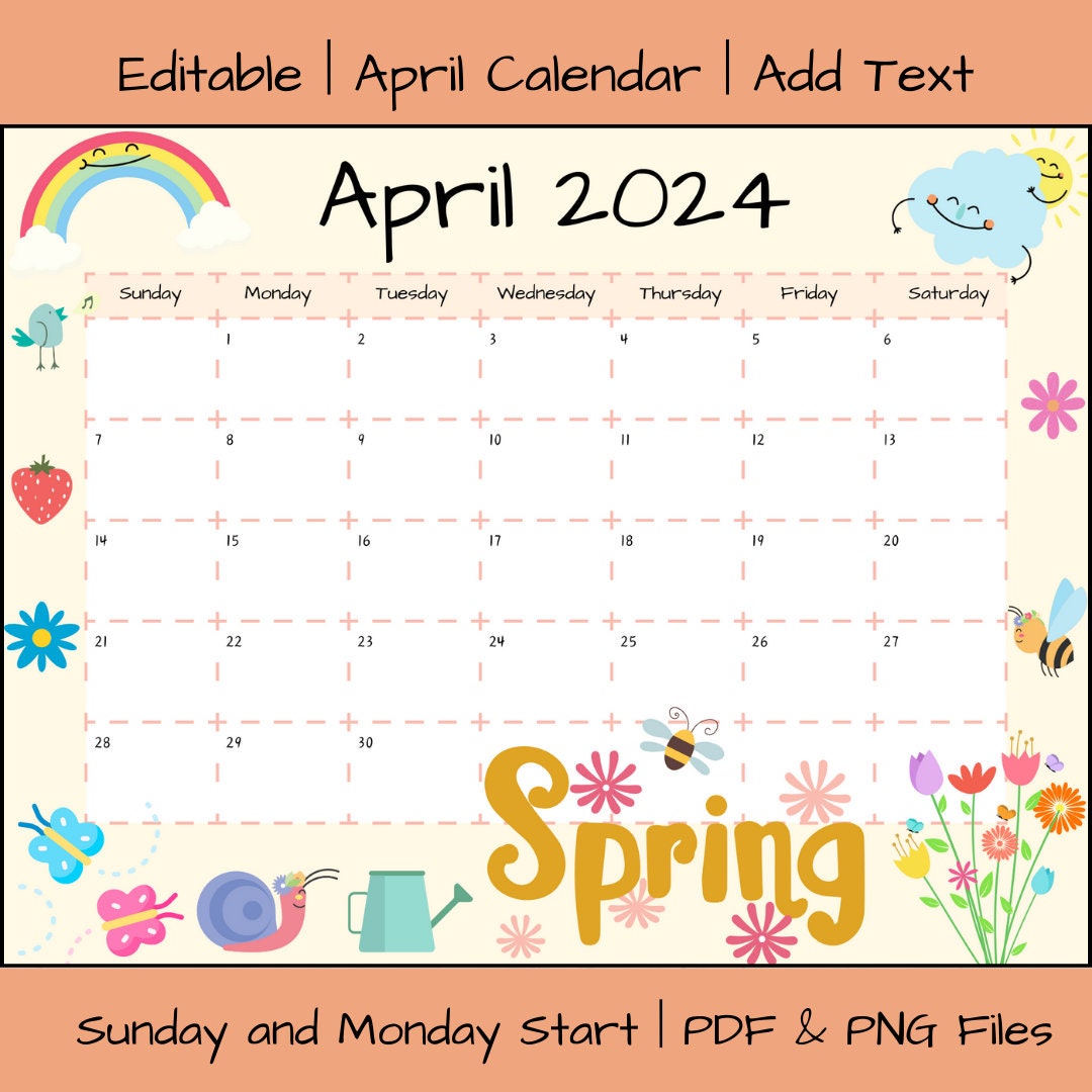 Buy Editable April 2024 Calendar Printable, Printable Kids Calendar ...