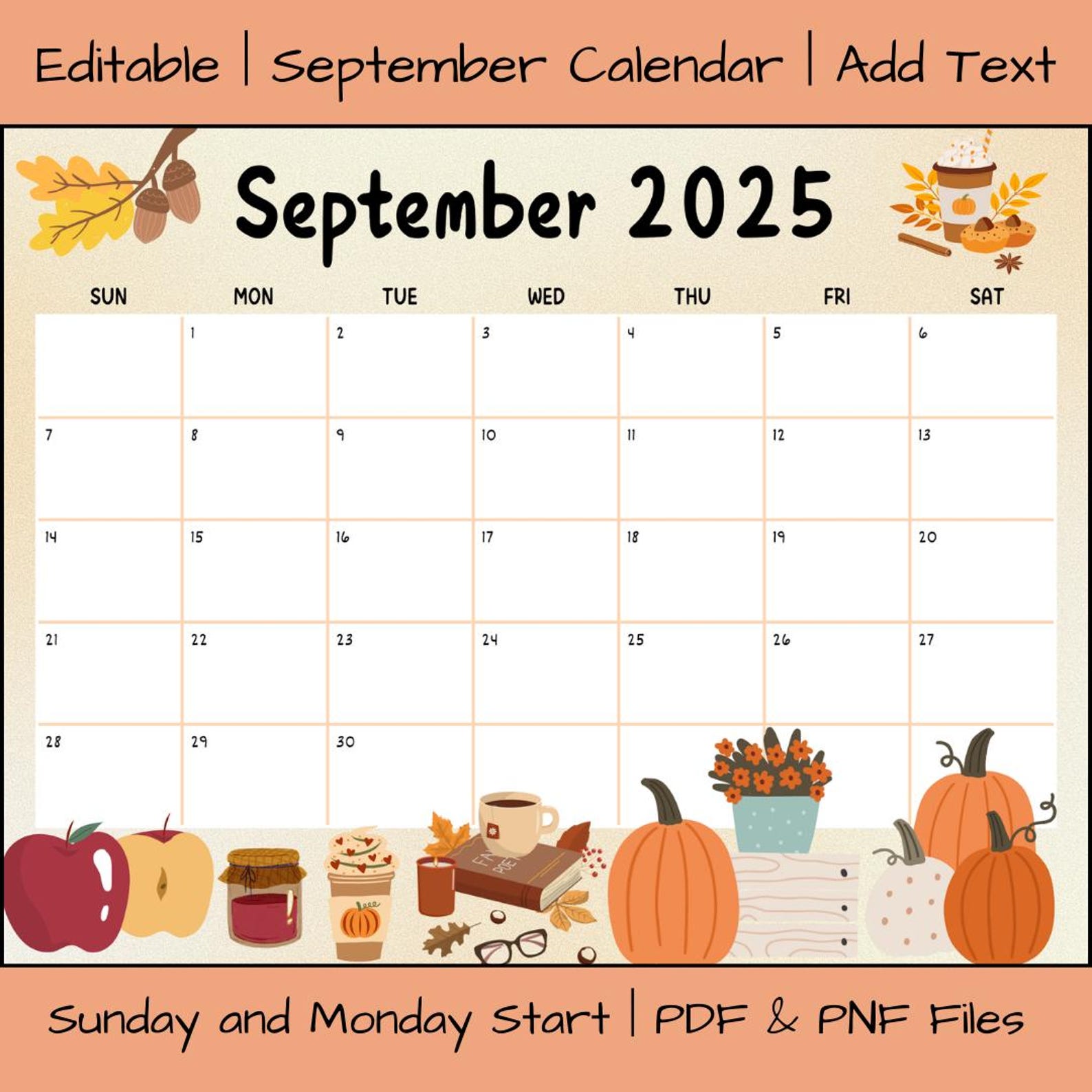 Editable September 2025 Calendar, Printable Fillable Digital Download ...