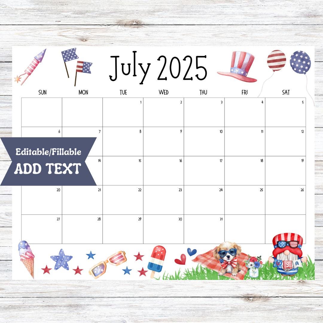 Editable July 2025 Calendar, Fillable Printable Planner Digital ...
