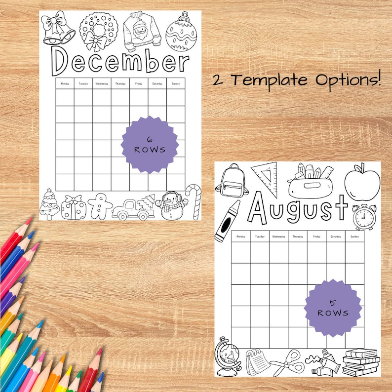 Printable Kids Coloring Calendar, Undated 12 Monthly Calendar ...
