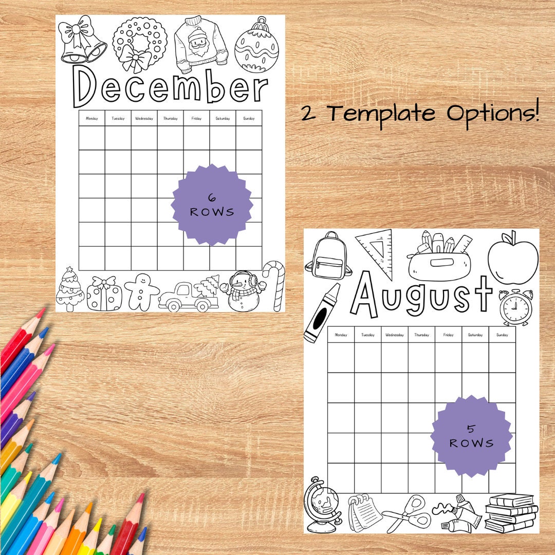 Printable Kids Coloring Calendar, Undated 12 Monthly Calendar ...