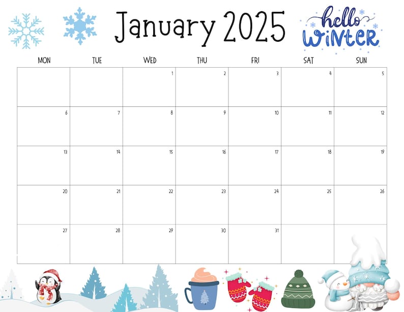 Editable January 2025 Calendar PDF Template, Winter 2025 Digital ...