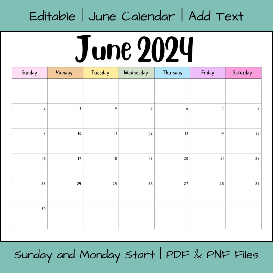 Editable June 2024 Calendar, Printable Wall Calendar, Digital Download ...