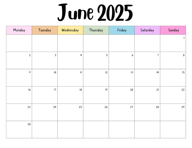Editable June 2025 Calendar Printable Activity Planner, Rainbow ...