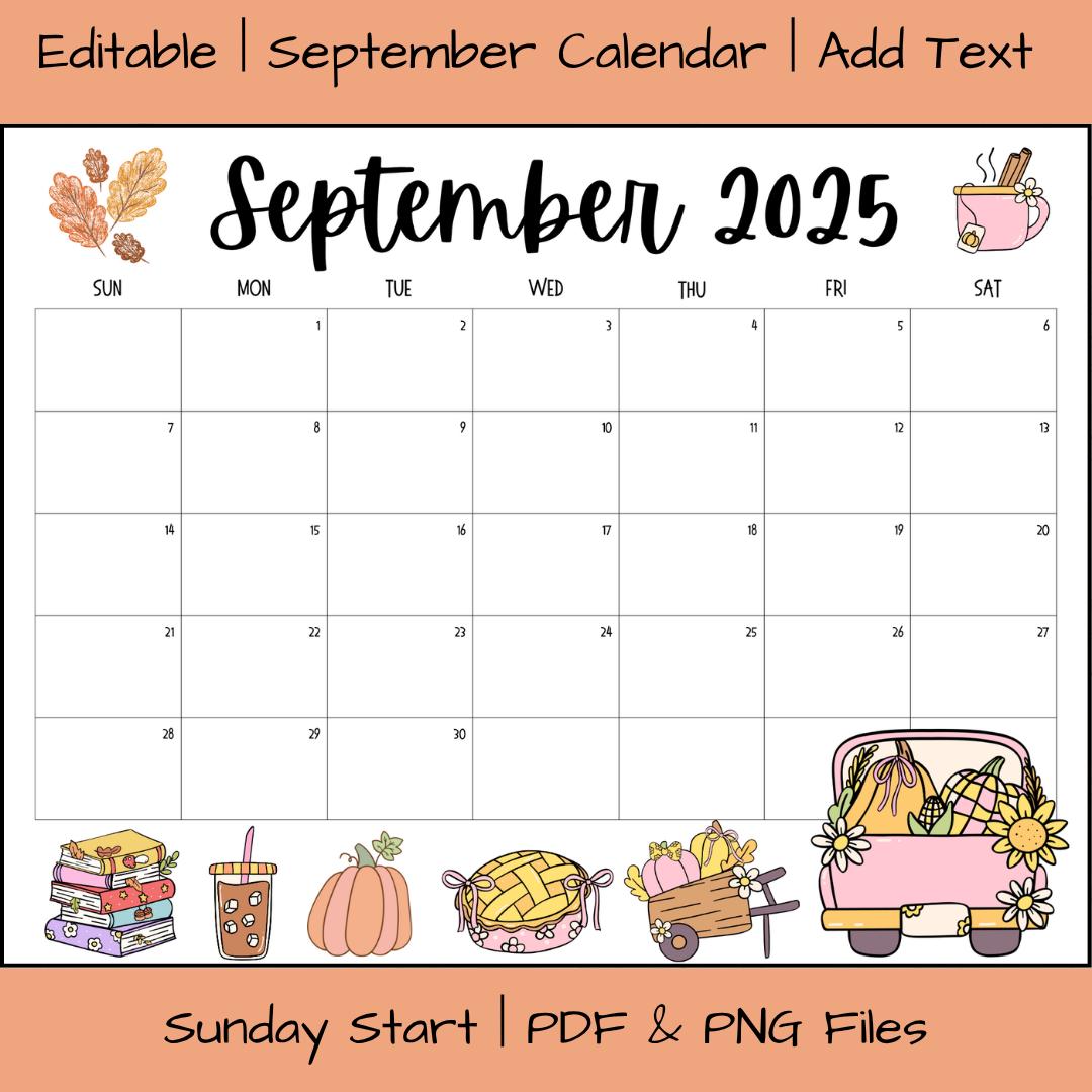 Editable September 2025 Calendar, Fillable Printable Digital Download ...
